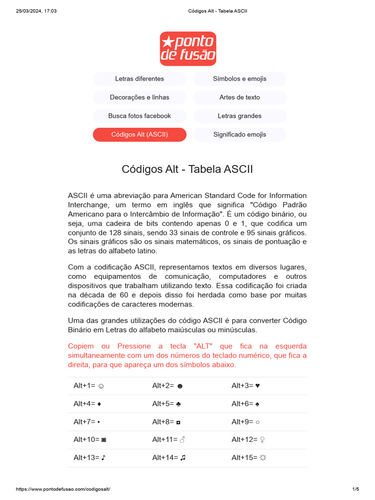 Códigos Alt - Tabela ASCII | PDF | Ascii | Dados de computador