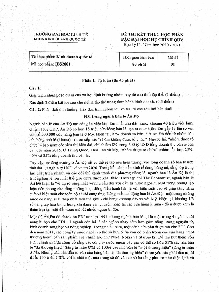 Tự luận KDQT - ĐỀ THI | PDF