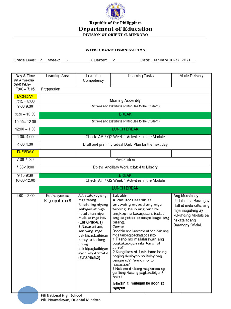 Weekly Home Learning Plan AP 7 Week 3 | PDF