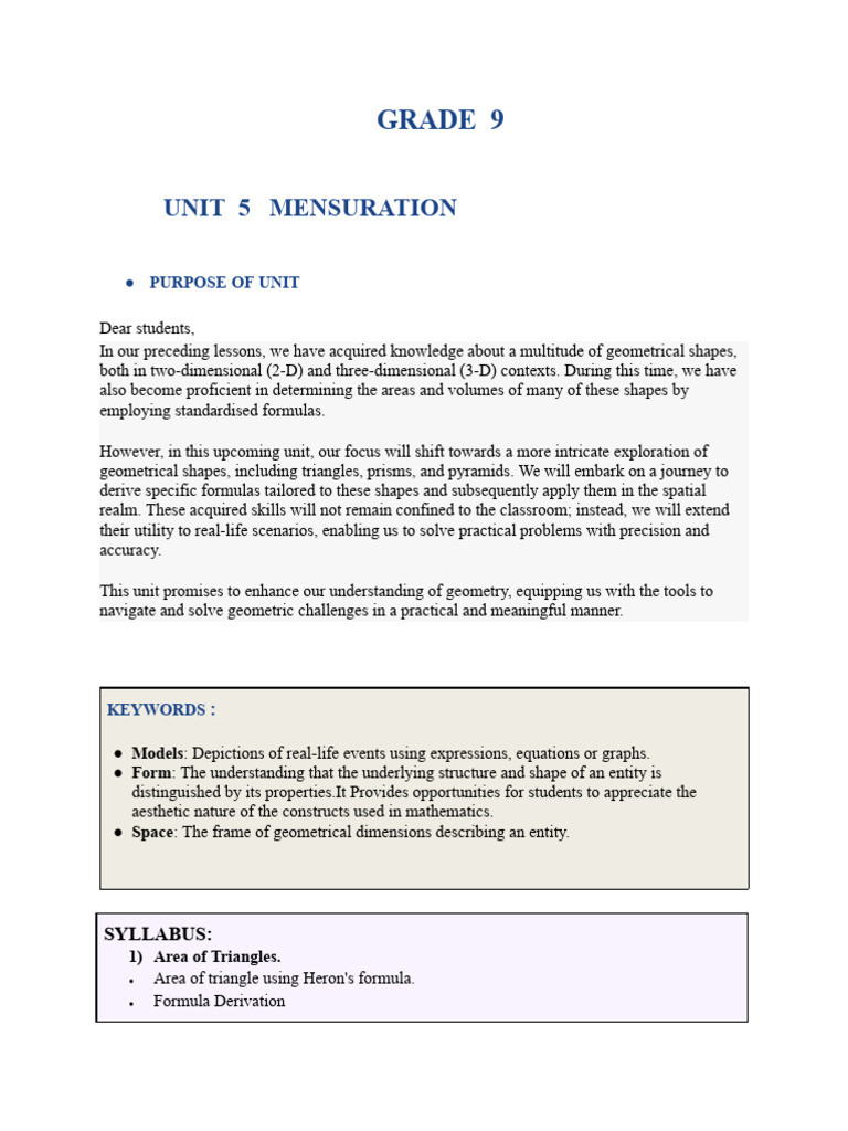 Grade 9 Mensuration: Area & Volume Concepts | PDF | Area | Geometry