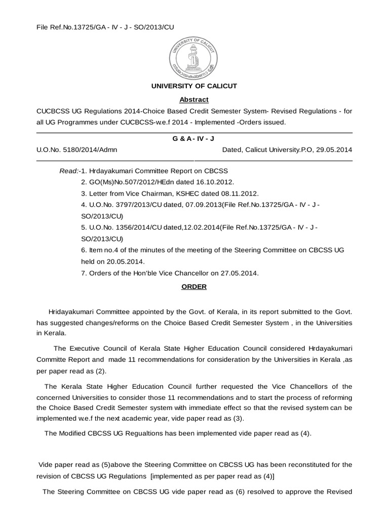 UG Regulations 2014 | PDF | Course Credit | Thesis