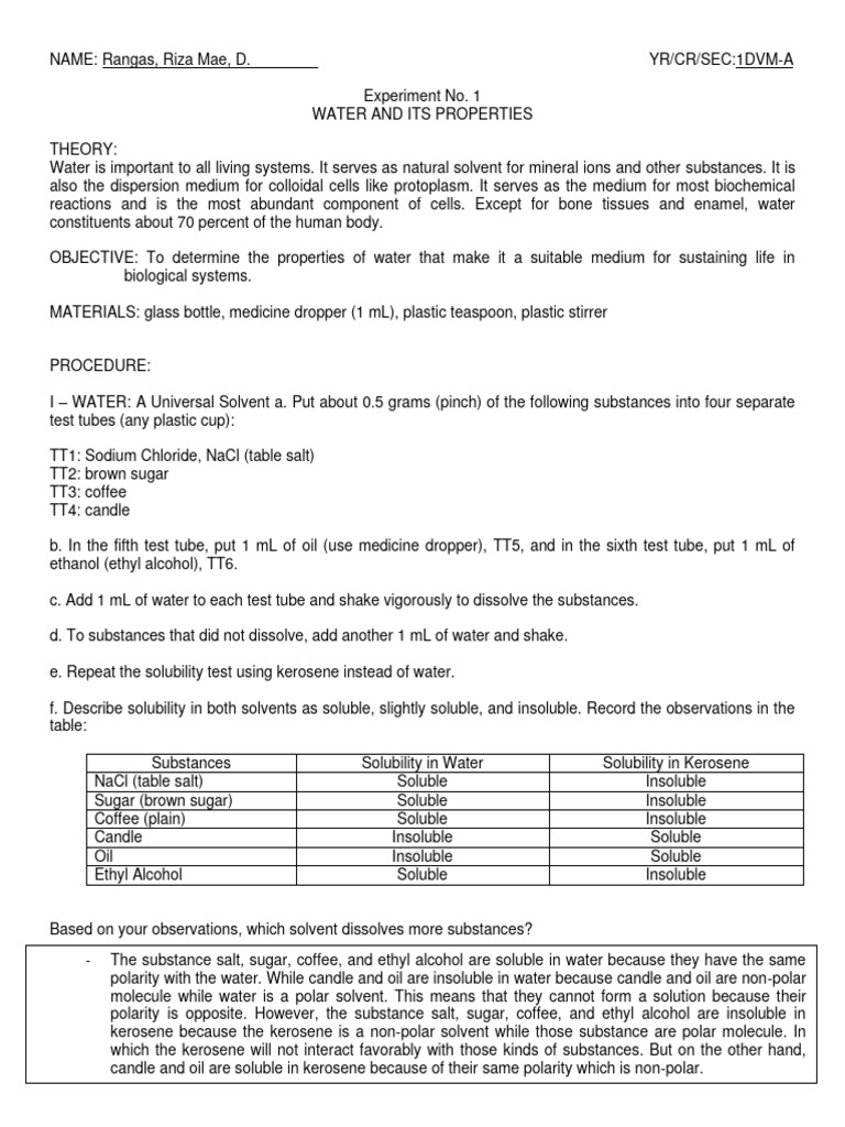 Experiment-No.-1-WATER Final | PDF | Solubility | Solvent