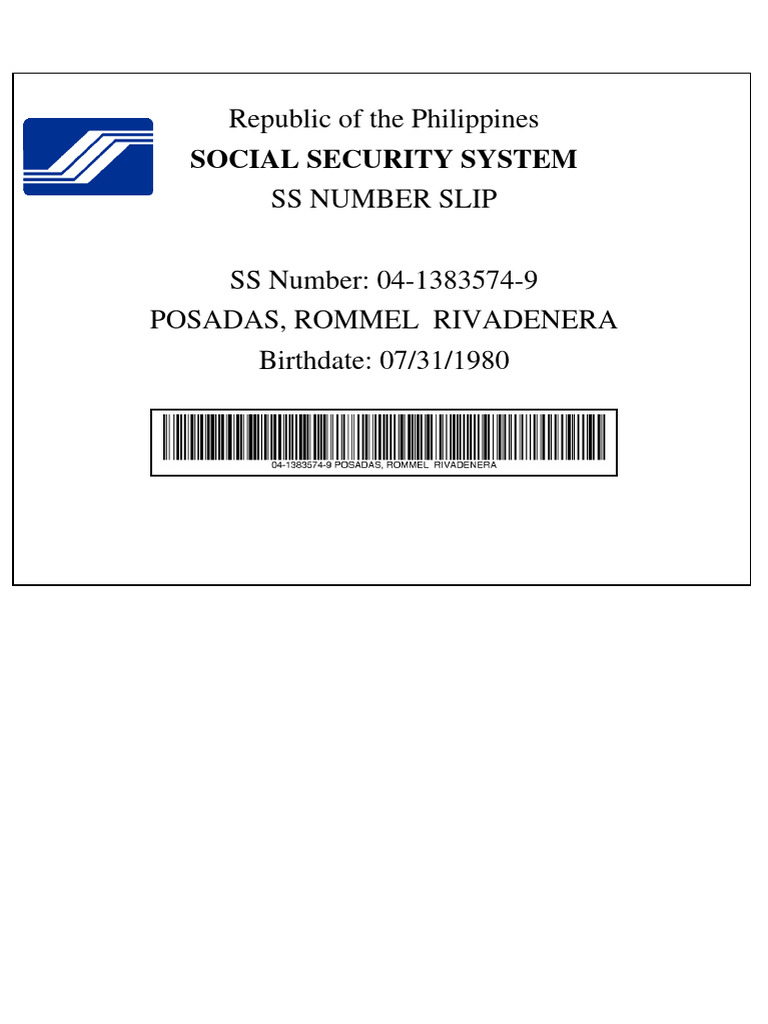 Philippines Social Security Number Slip | PDF
