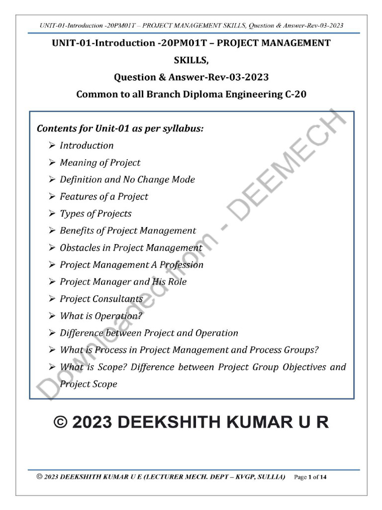 PMS Q&A UNIT 01 REV 03 - 2023 - DEEMECH - Watermark | PDF