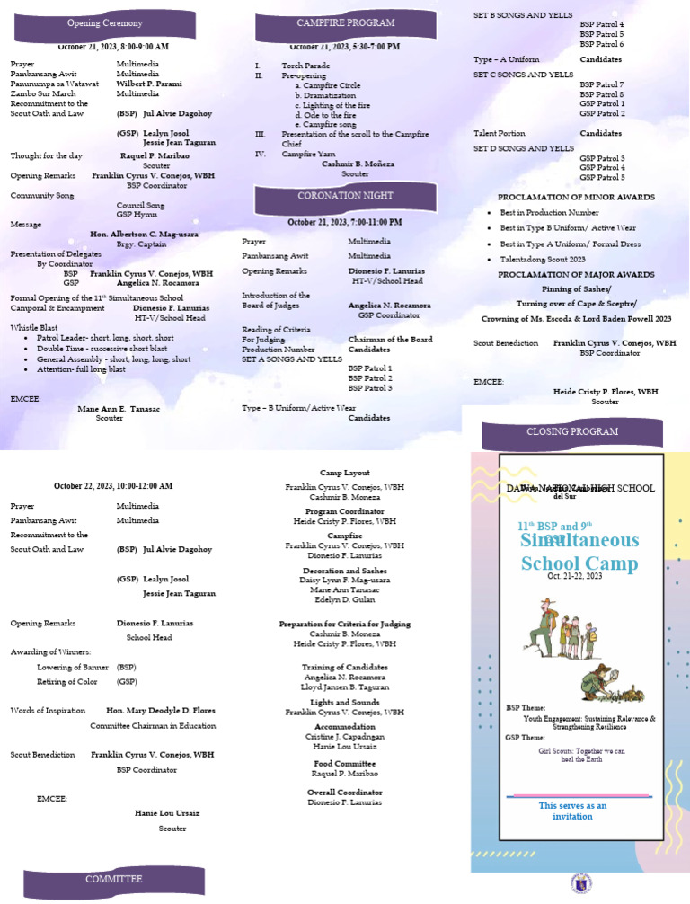 11th BSP & 9th GSP Camp Program | PDF | Scouting | Youth Movements