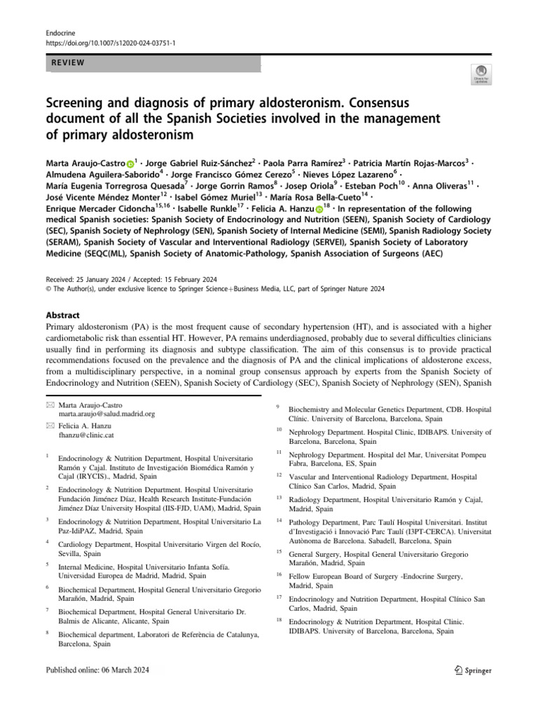 Screening and diagnosis of primary aldosteronism. Consensus document of all the | PDF ...