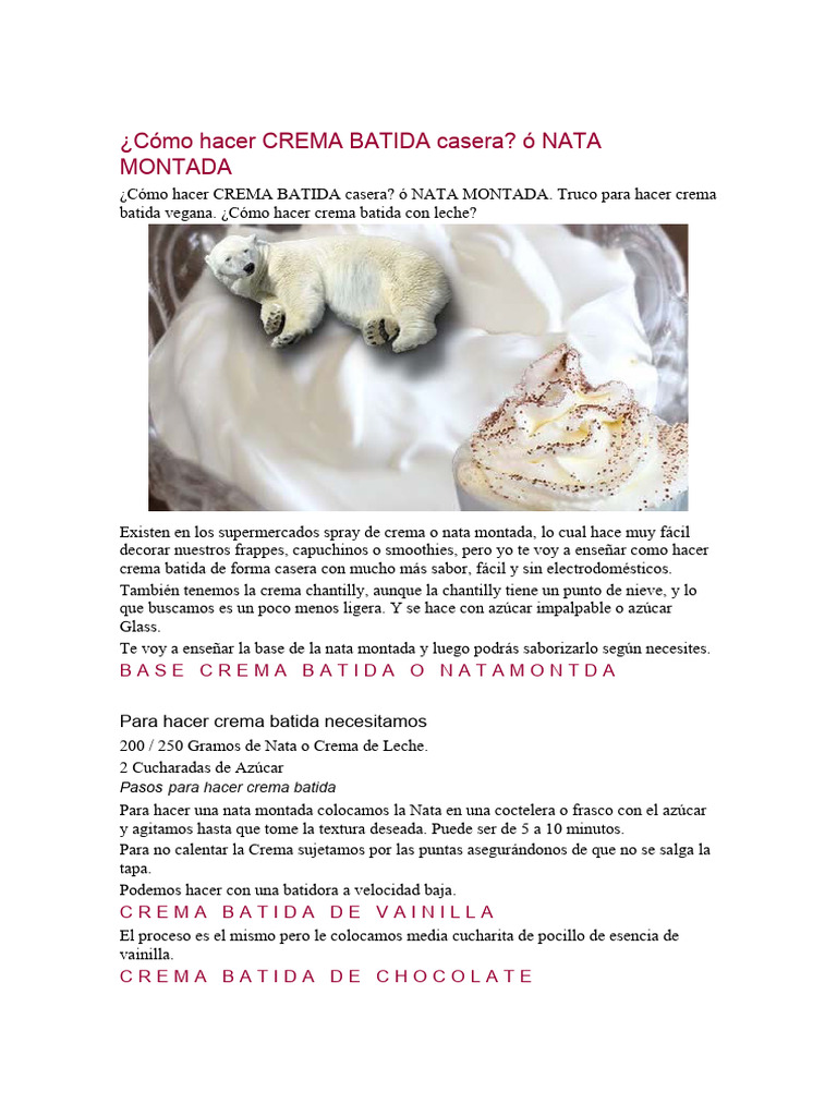 Cómo hacer crema batida casera fácil | PDF | Crema | Crema batida