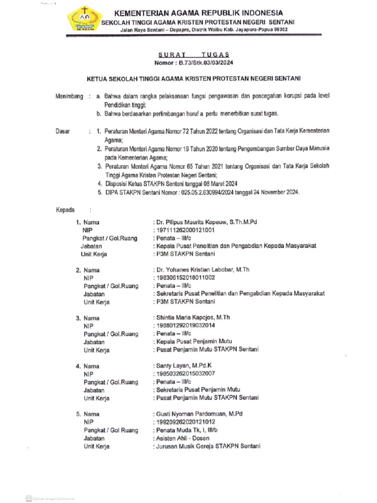 Surat Tugas Perjadin IAKN Manado 13 Maret 2024 | PDF