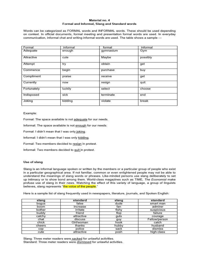 Formal and Informal Words | PDF | Slang | Human Communication