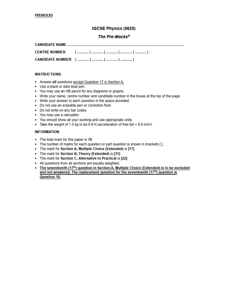 IGCSE Physics Practice Paper | PDF | Force | Gases