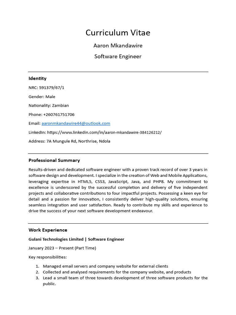 Aaron Mkandawire - Curriculum Vitae | PDF | Enterprise Resource Planning | Software