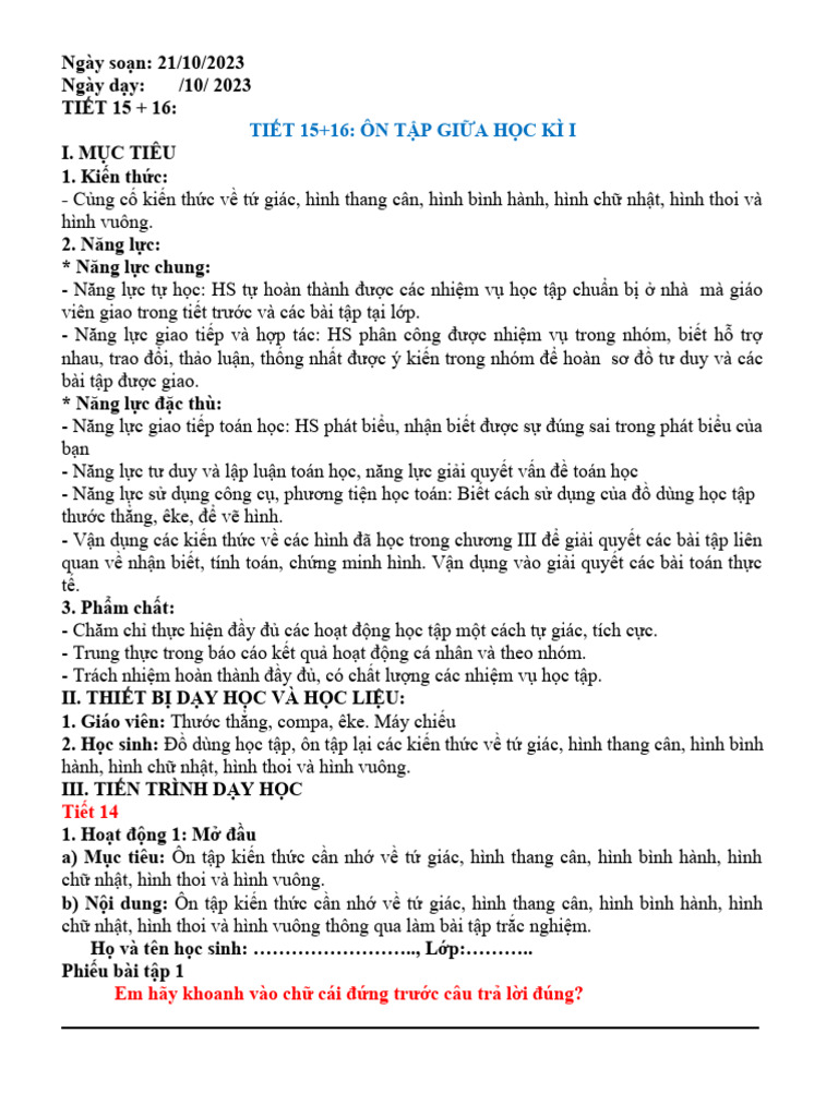 Tiết 15 - 16 - ôn giữa kì 1 H8 | PDF