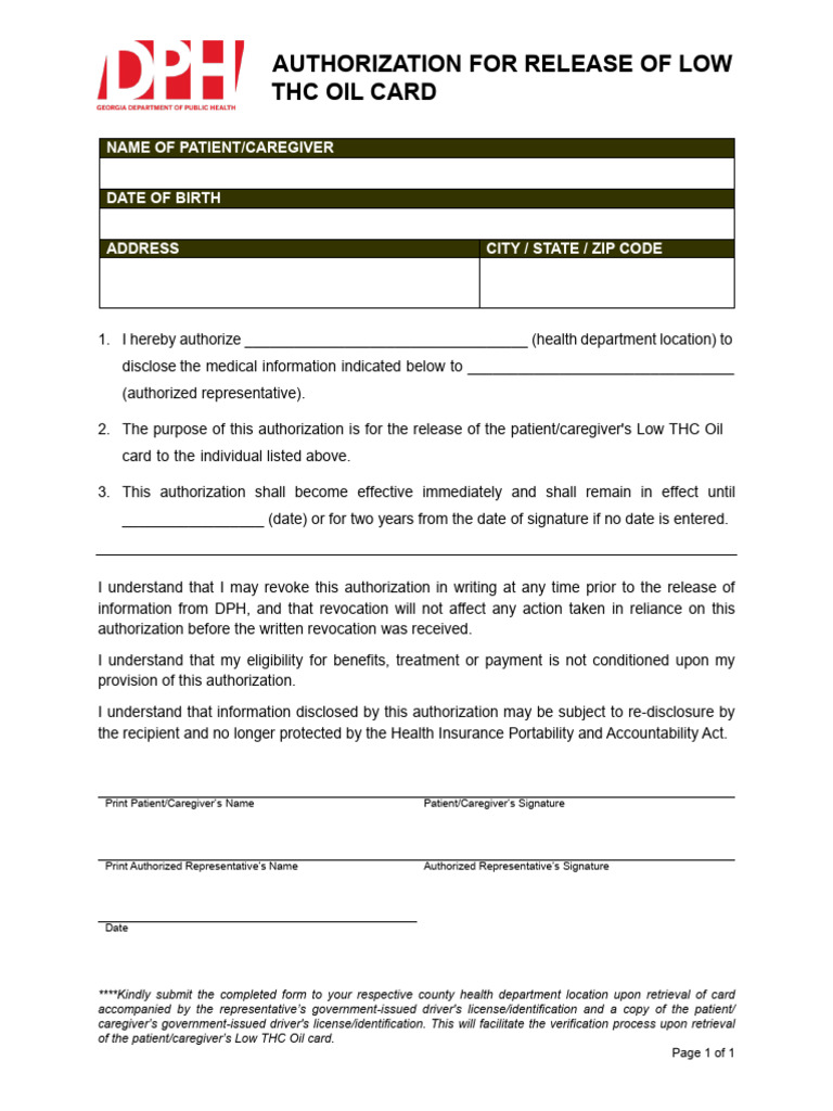 DPH Low THC Oil Authorization Release Form_v2 | PDF