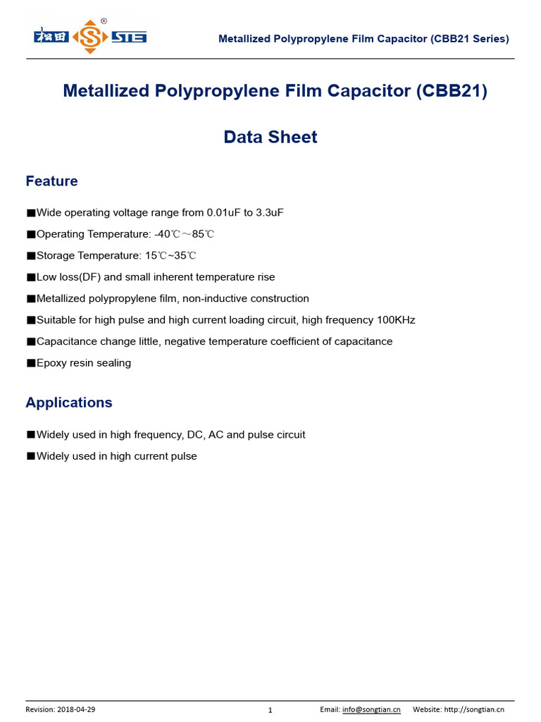 STE CBB21 (MPP) Metallized Polypropylene Film Capacitor | PDF | Capacitor | Electronic Engineering