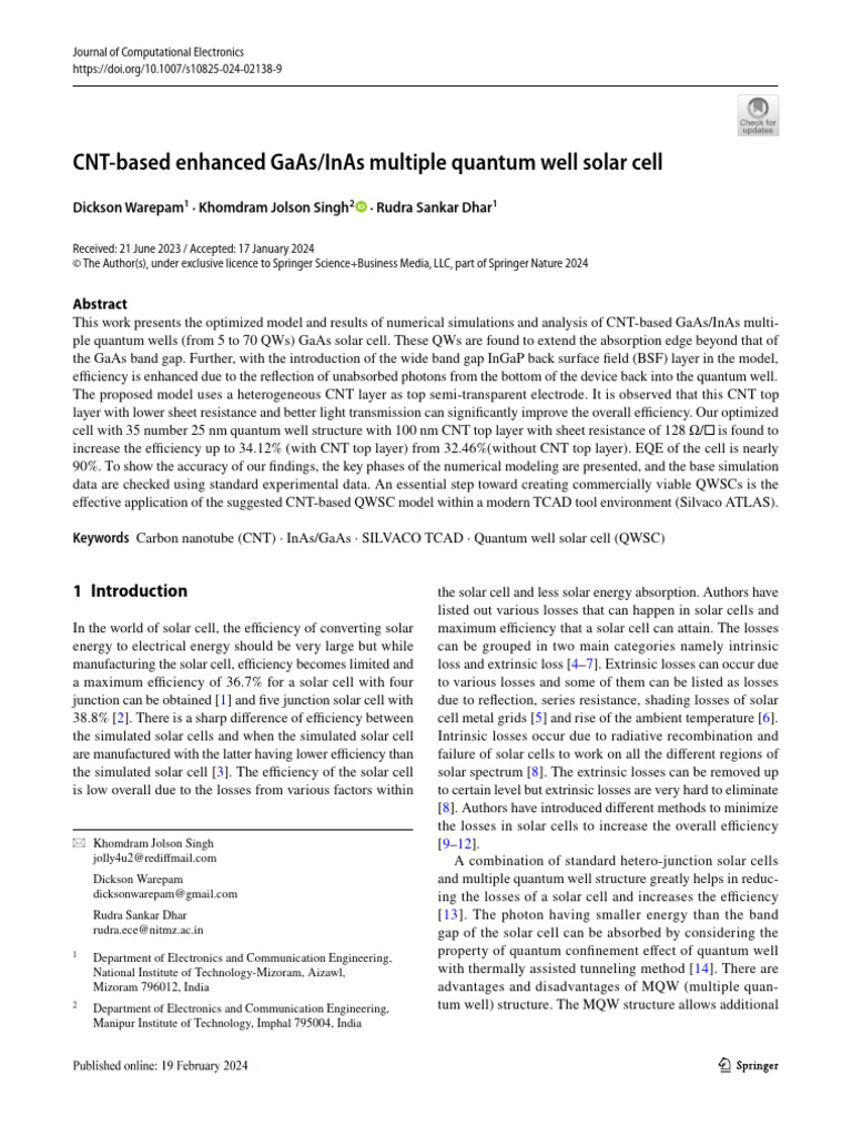 CNT Based Enhanced Gaas/Inas Multiple Quantum Well Solar Cell | PDF | Carbon Nanotube | Solar Cell