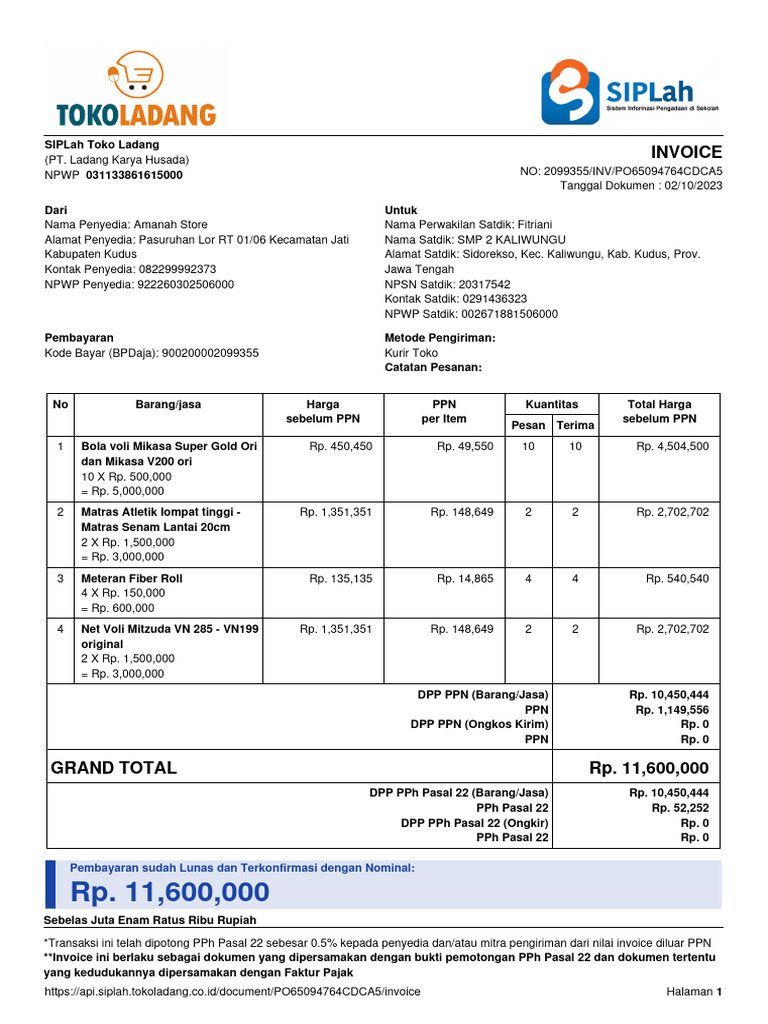Invoice Pembelian SMP 2 Kaliwungu | PDF