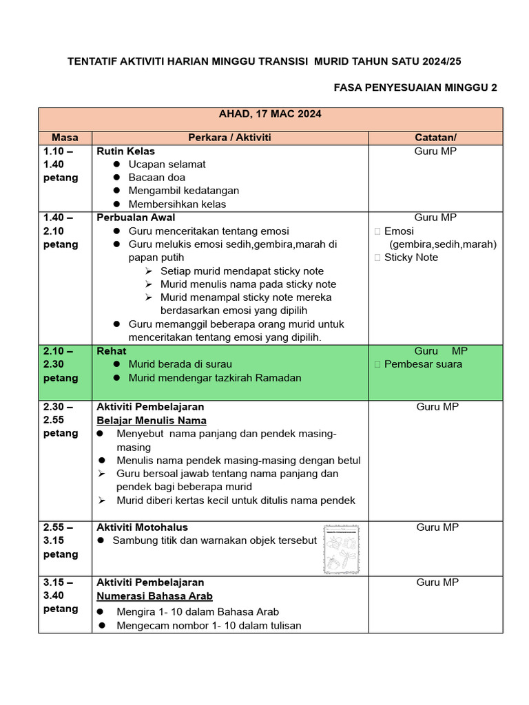 RPH Transisi Minggu 2 Dan Seterusnya | PDF