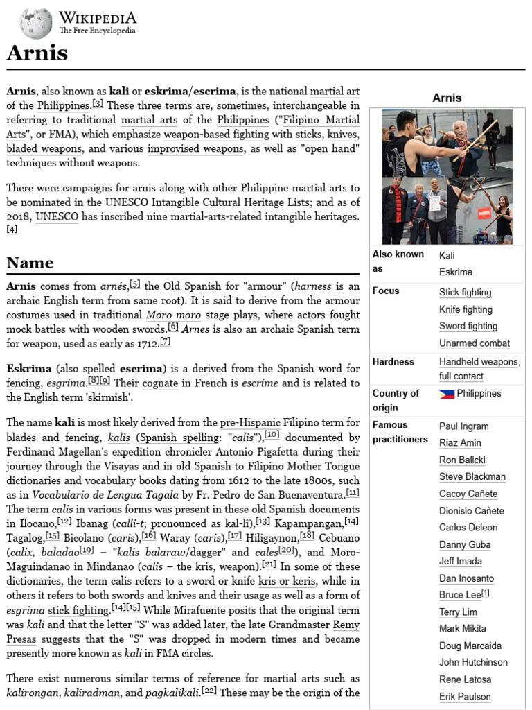 Philippine Martial Arts: Arnis - Wikipedia | PDF