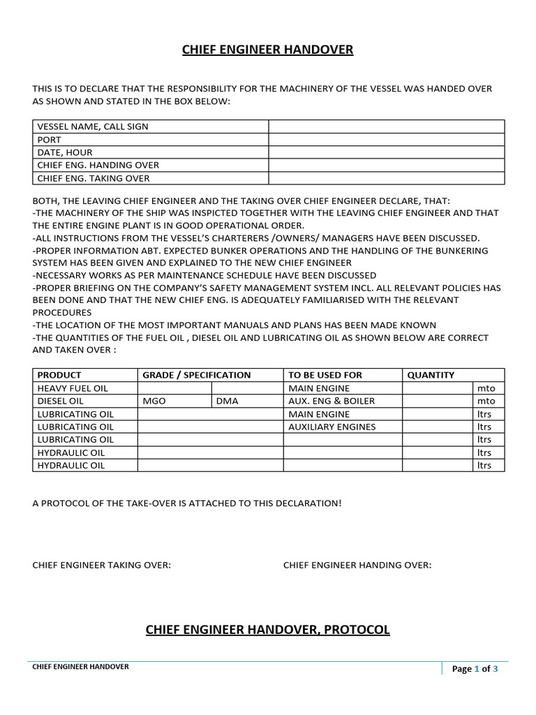 E-01 - Chief Engineer Handover | PDF | Fuel Oil | Marine Propulsion