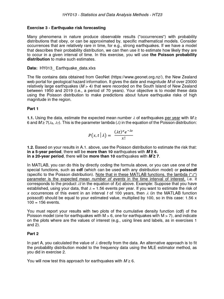 HY013 - Exercise 3 - Earthquake Forecasting | PDF | Poisson Distribution | Teaching Mathematics