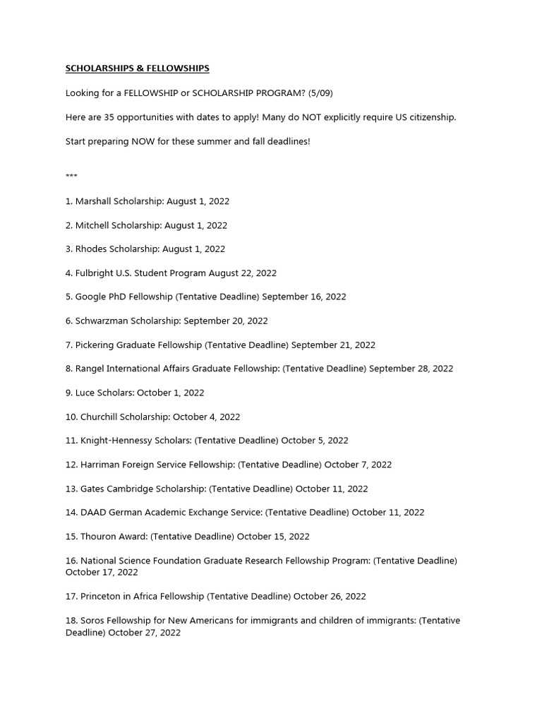 35 Scholarships and Fellowships 2022 | PDF | Higher Education | Academia