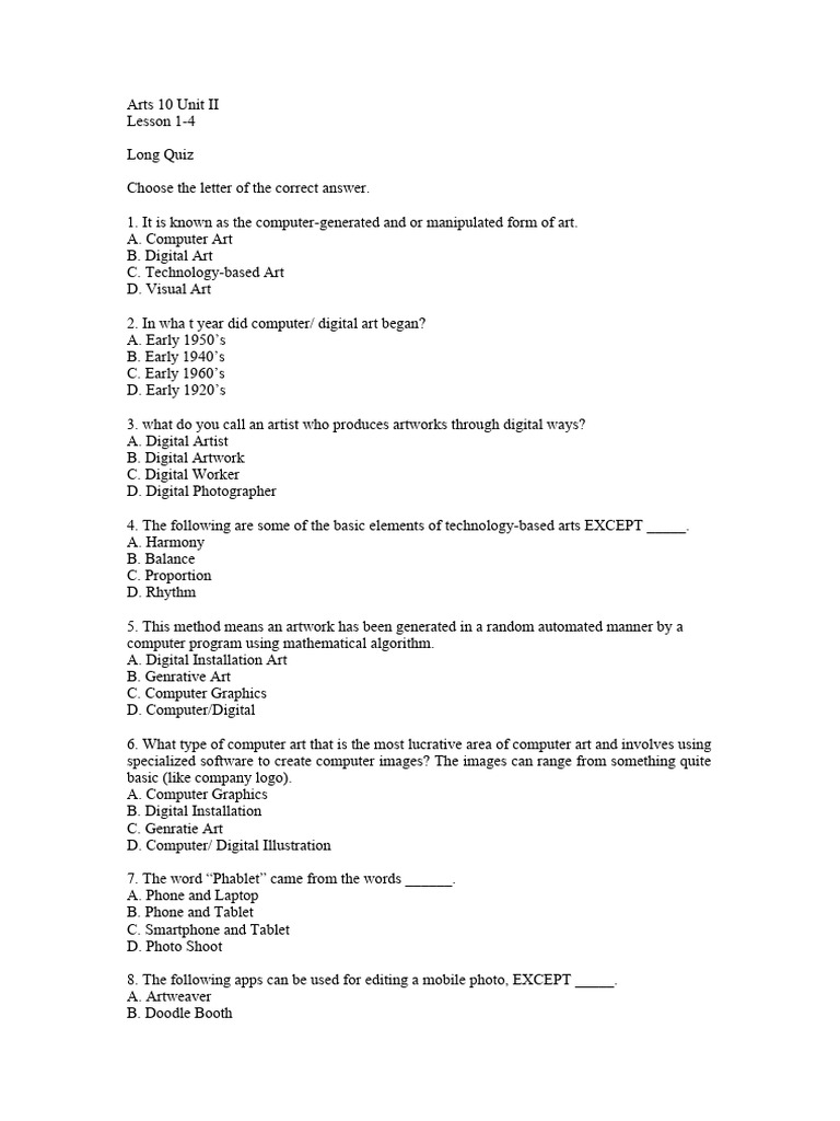 Arts 10 Unit II Long Quiz Answers | PDF | Computer Art | Video