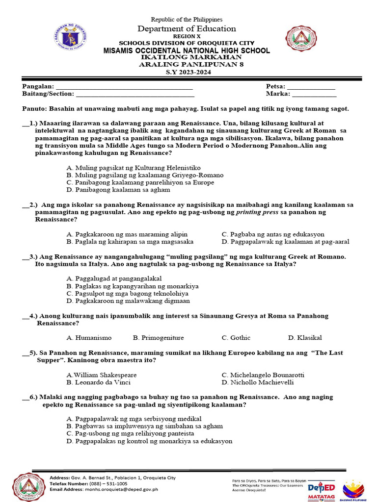 3rd Quarter Examination 23-24 | PDF