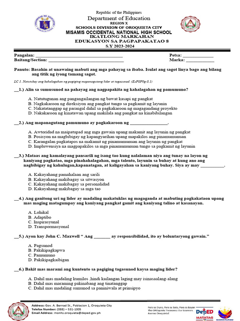 3rd Quarter Examination Esp8 23 24 Pdf