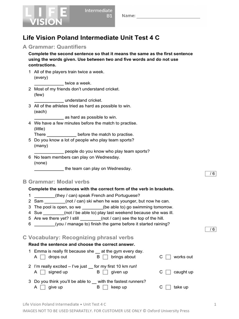 Life Vision Poland Unit Test 4C | PDF | Sports | Vocabulary