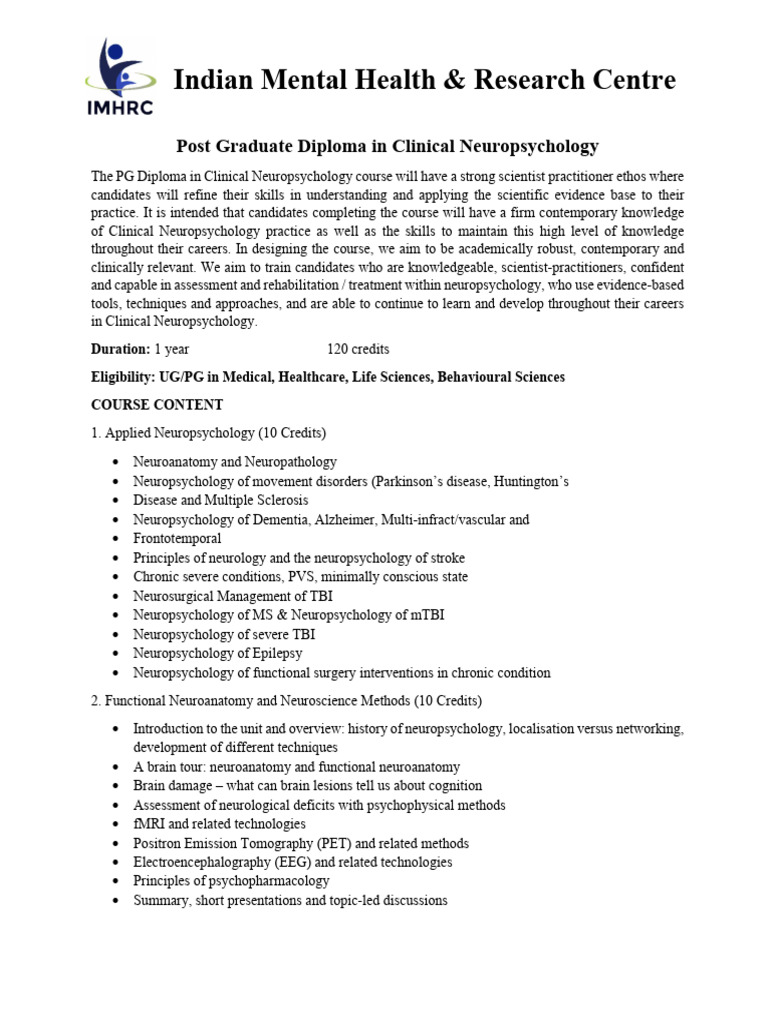 PG Diploma Clinical Neuropsychology 1 | PDF | Neurology | Neuropsychology