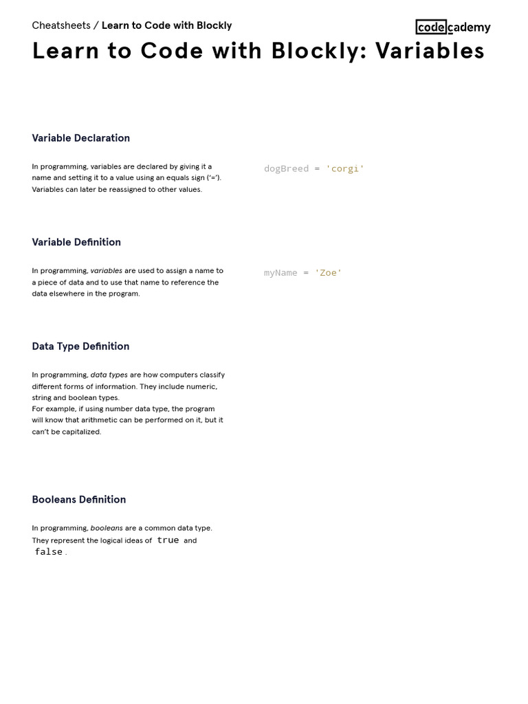Learn To Code With Blockly - Learn To Code With Blockly - Variables Cheatsheet - Codecademy | PDF