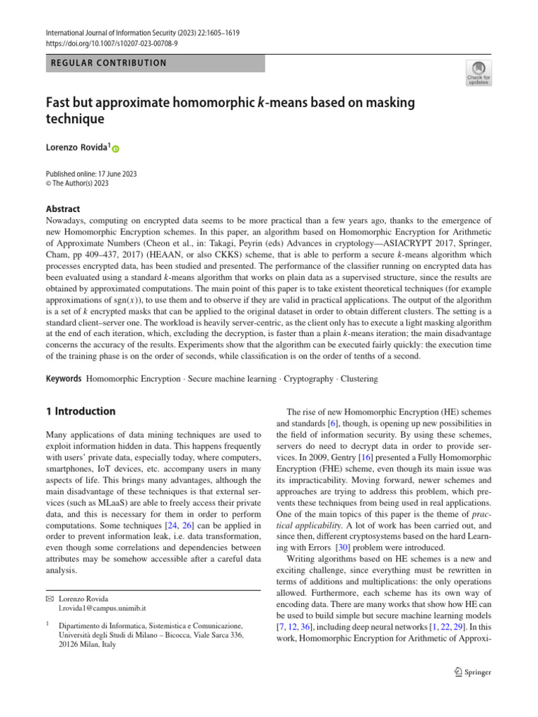 Fast But Approximate Homomorphic Technique: K-Means Based On Masking | PDF | Cryptography ...