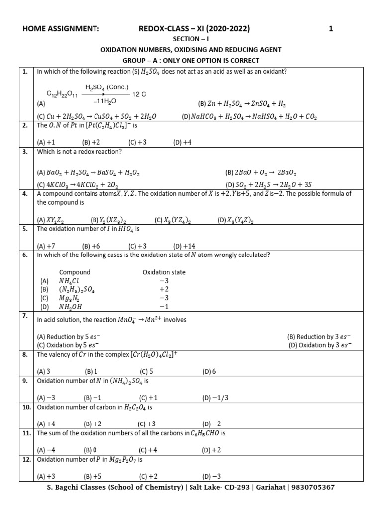 Home Assignment- Redox-class Xi | PDF | Redox | Chemical Reactions Home Assignment- Redox-class Xi | PDF | Redox | Chemical Reactions