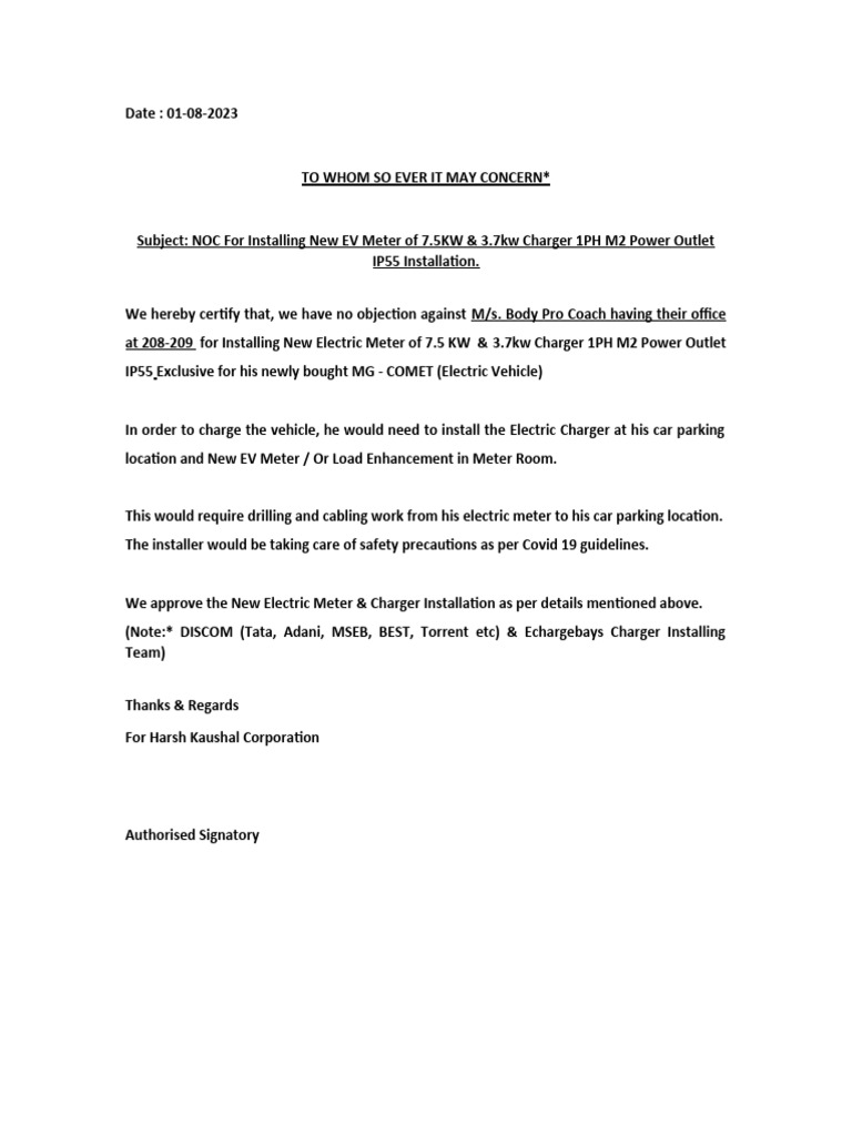 NOC for EV Charger Installation | PDF