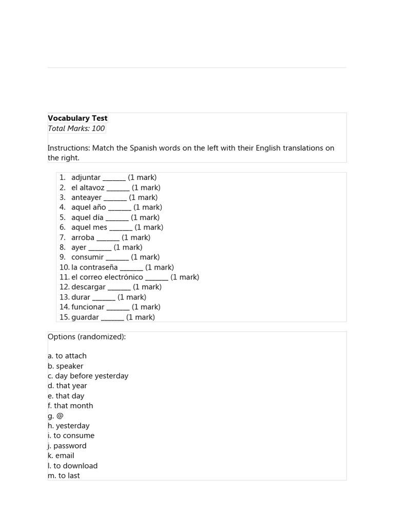 Prueba de Vocabulario en Español | PDF