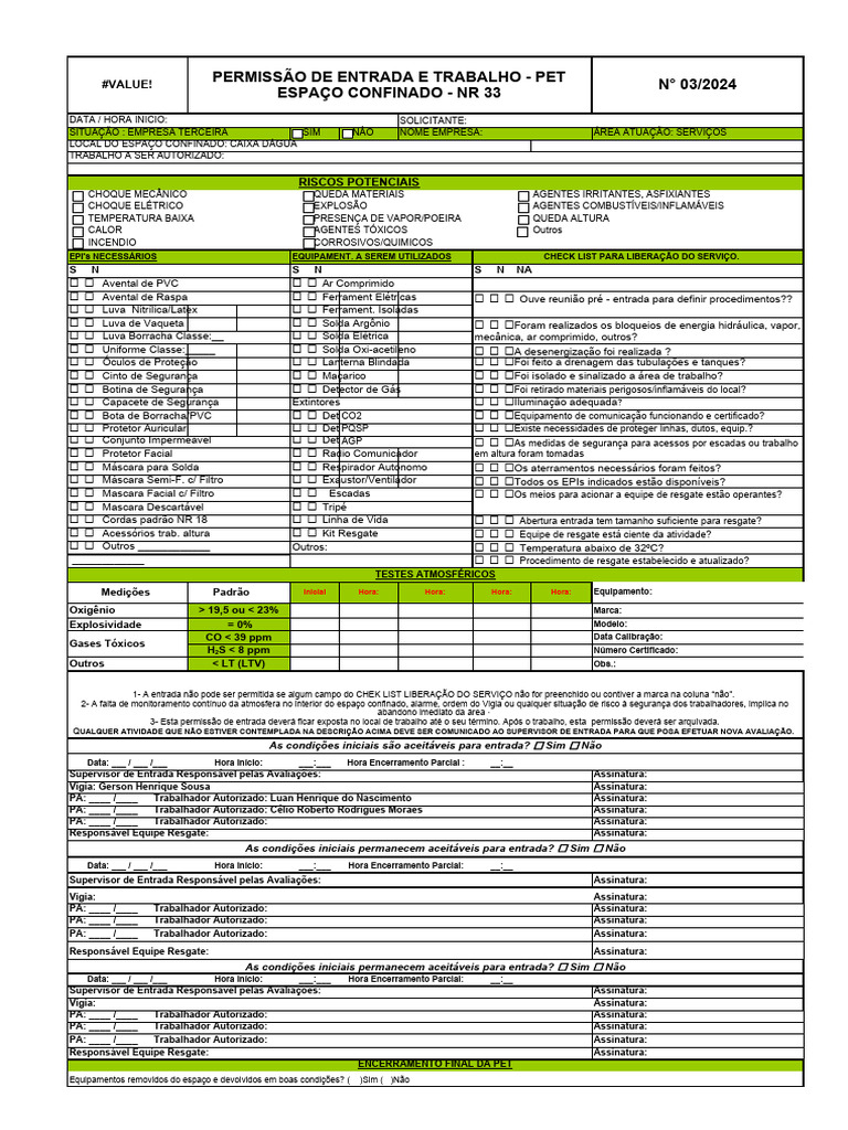 Permissao de Entrada e Trabalho Pet Nr33 | PDF