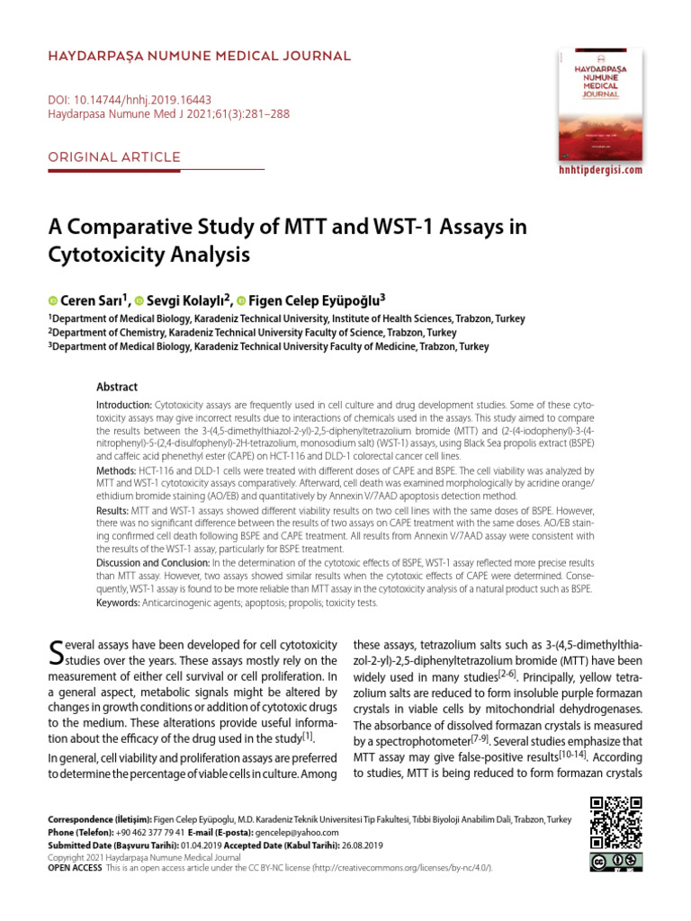 A Comparative Study of MTT and WST-1 Assays in Cytotoxicity Analysis ...