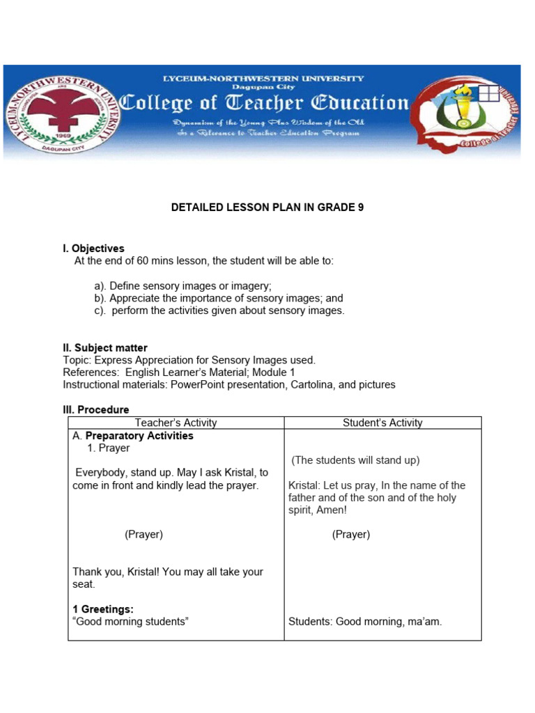 Sensory Imagery Lesson Plan for Grade 9 | PDF | Senses | Taste