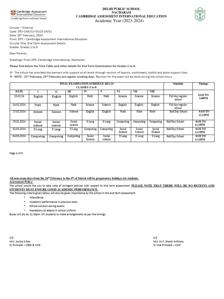 CAIE -External Circular - End term | PDF | Educational Stages ...
