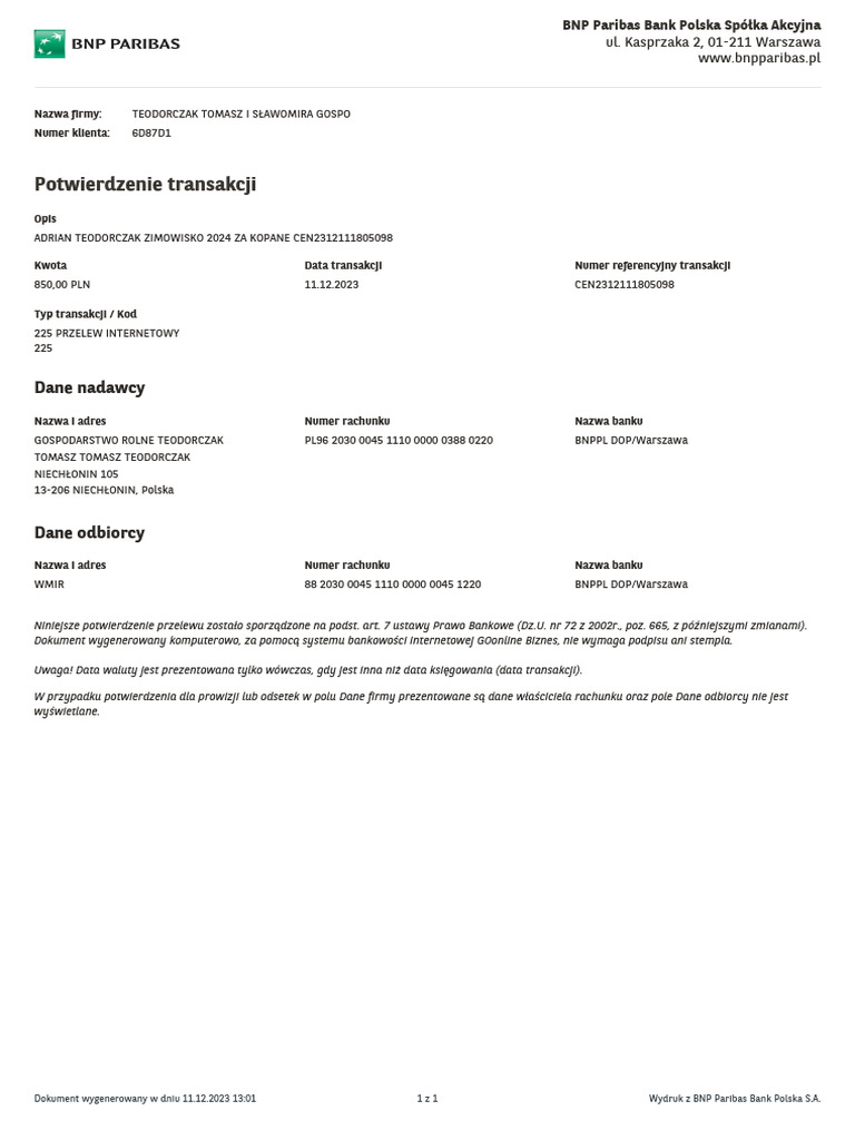 Potwierdzenie Transakcji 20231211130143 | PDF