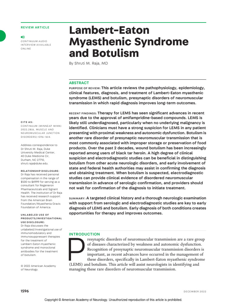 Lambert-Eaton Myasthenic Syndrome and Botulism | PDF | Neuromuscular Junction | Acetylcholine
