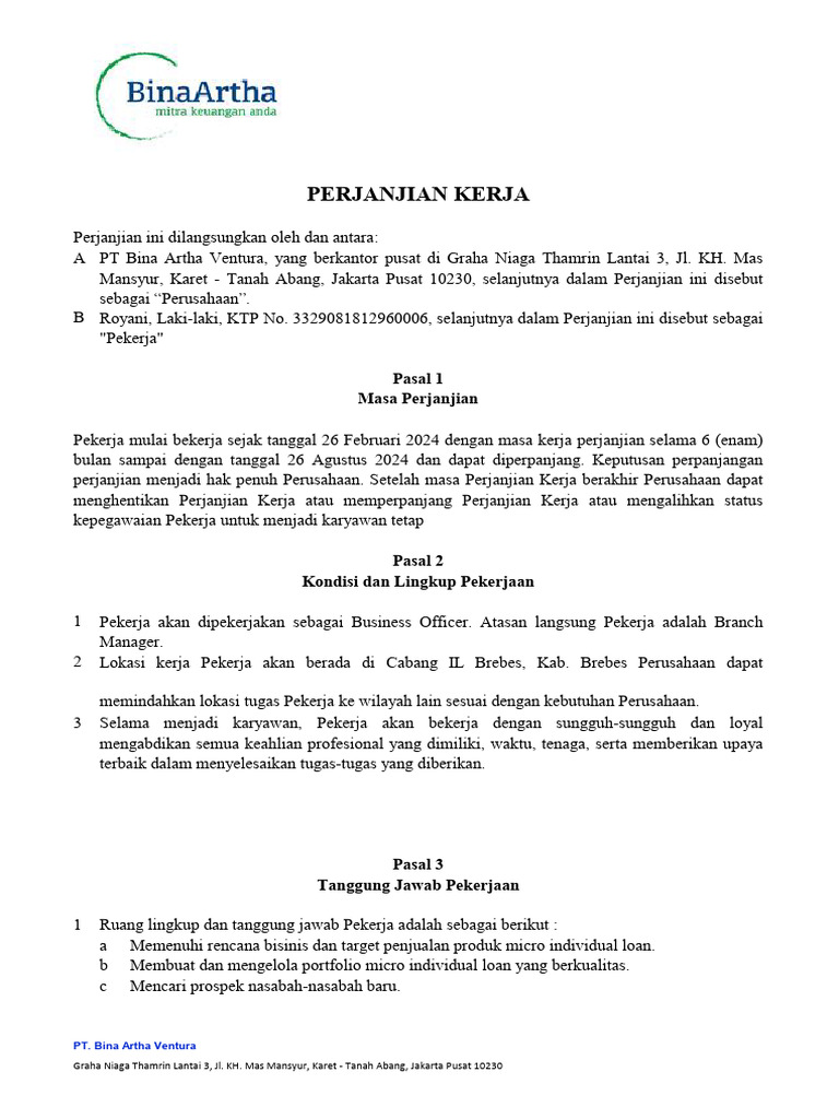 Perjanjian Kerja Business Officer Bina Artha | PDF
