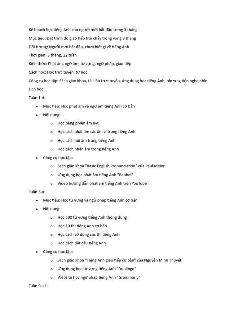 Kế hoạch học tiếng Anh cho người mới bắt đầu trong 3 tháng | PDF