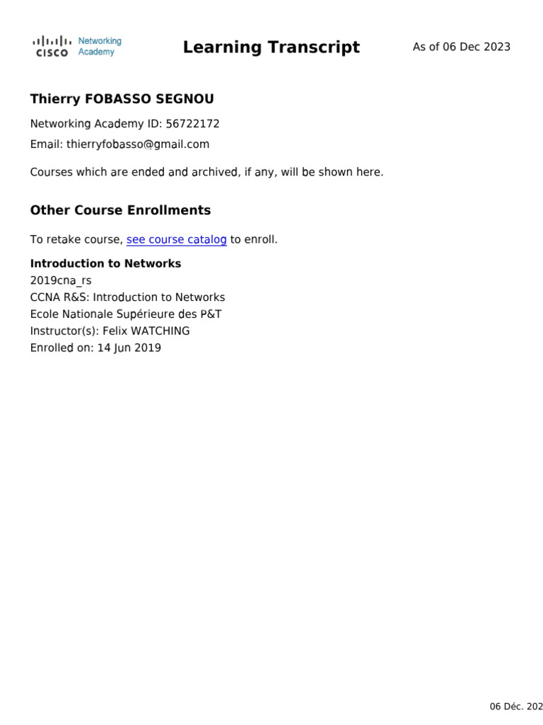 NetAcad Learning Transcript | PDF