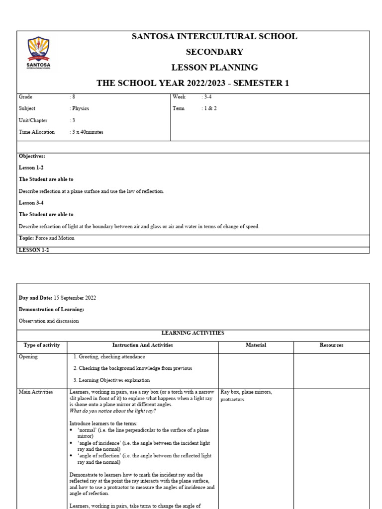 Lesson Plan G8 Week 9-10 | PDF | Reflection (Physics) | Learning