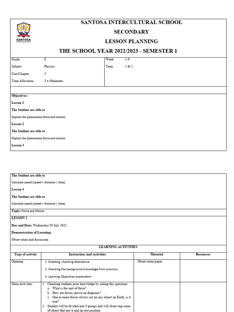 Lesson Plan G8 Chapter 1 | Download Free PDF | Force | Learning