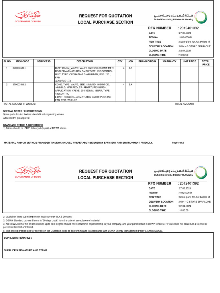 Request For Quotation Local Purchase Section: RFQ Number | PDF