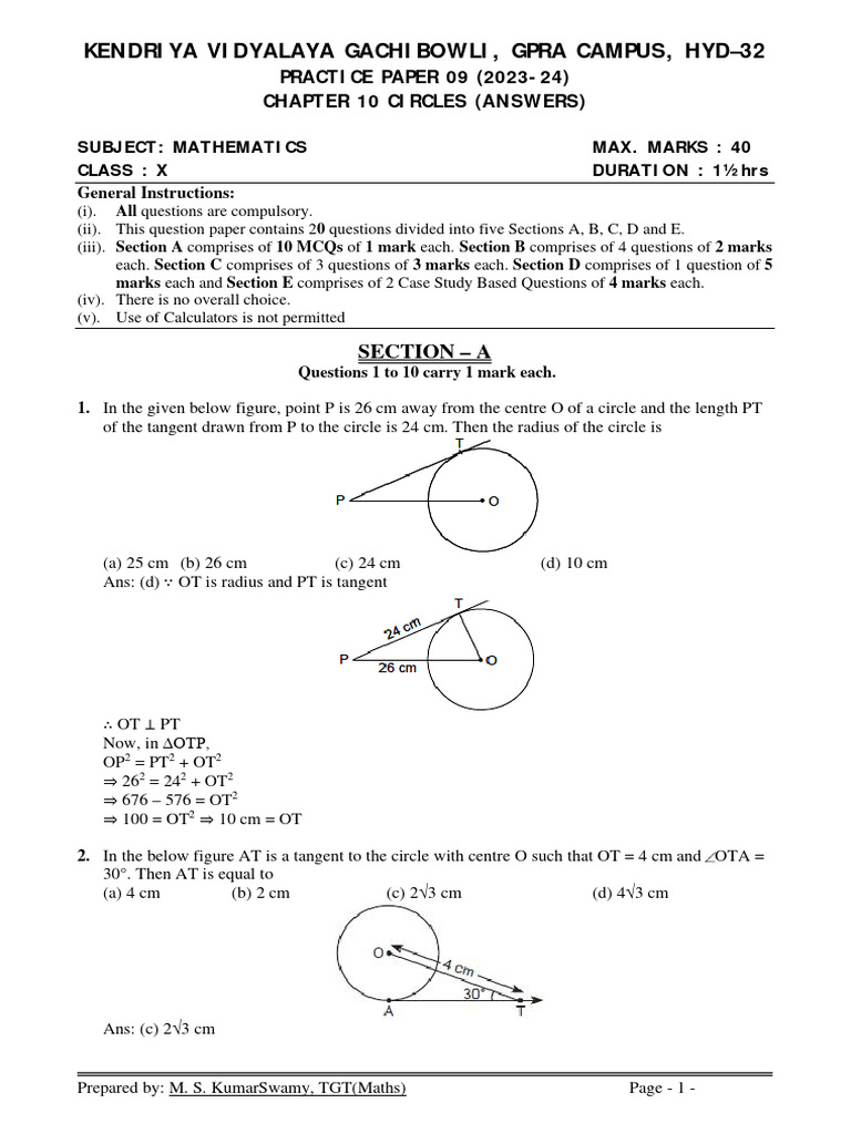 Maths Class X Chapter 10 Circles Practice Paper 09 Answers | PDF | Circle | Perpendicular