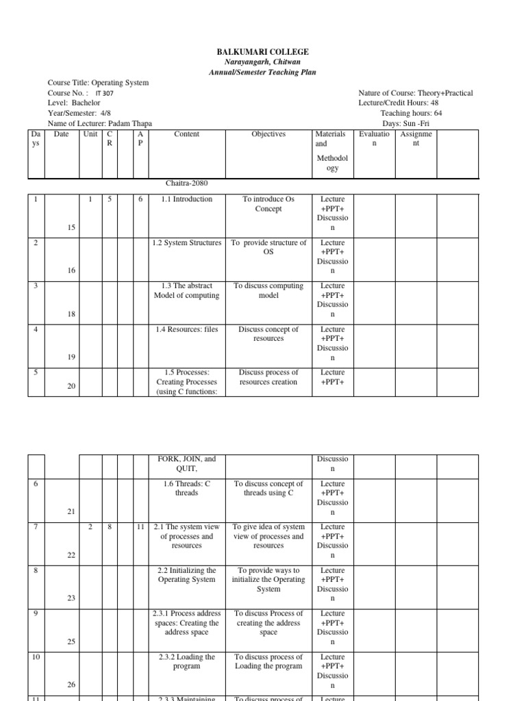 teachingplan0s8thsem | PDF | Input/Output | Process (Computing)