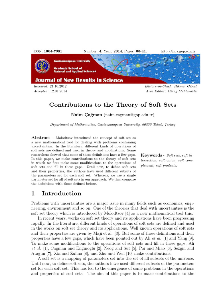 Contributions To The Theory of Soft Sets (#123304) - 105145 | PDF | Function (Mathematics ...